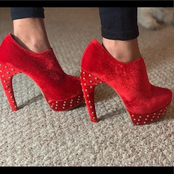 Shoes | Red And Gold Sexy Velvet Booties | Poshmark